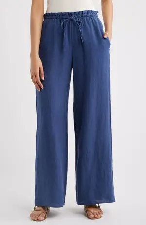 Bella Dahl Ruffle Waist Wide Leg Linen Pants - Midnight Surf