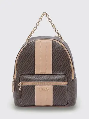 Liu Jo Grained Faux Leather Backpack With All-over Monogram - Brown