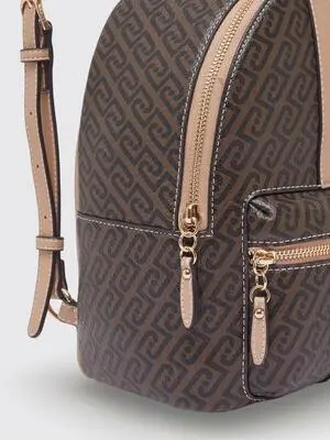 Liu Jo Grained Faux Leather Backpack With All-over Monogram - Brown