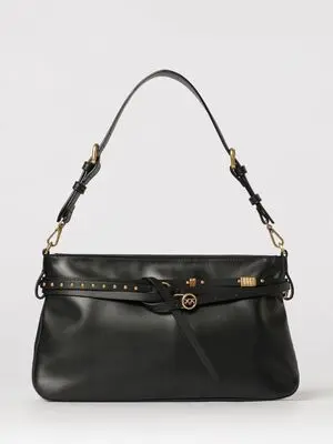 Pinko Leather Shoulder Bag With Gold Tone Embellishments - Black