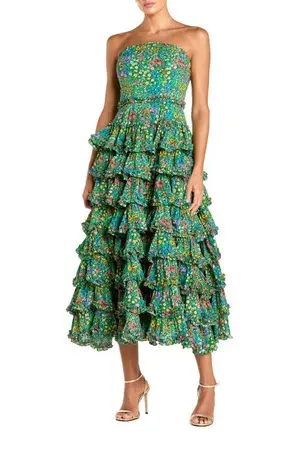 Mac Duggal Floral Cotton Strapless Tiered Ruffle Midi Dress - Green Multi
