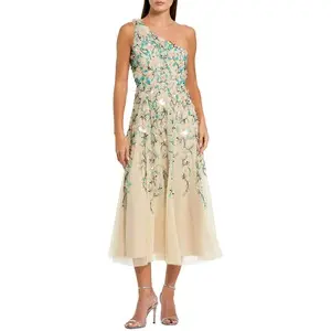 Mac Duggal Floral Embellished One Shoulder Midi Dress - Nude Multi