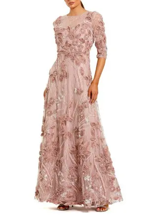 Mac Duggal Embellished Lace Gown With Sleeves - Mocha