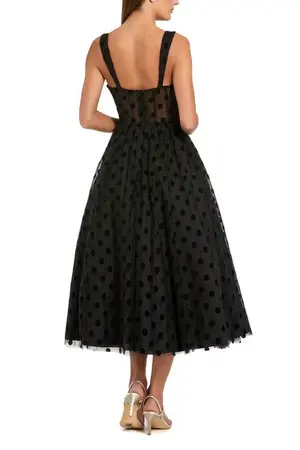 Mac Duggal Polka Dot Bustier A-line Midi Dress - Black