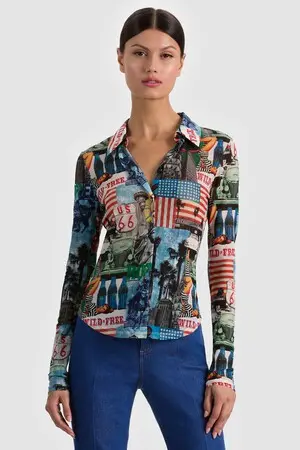 Alice + Olivia Jade Mesh Button Down Shirt - Violet