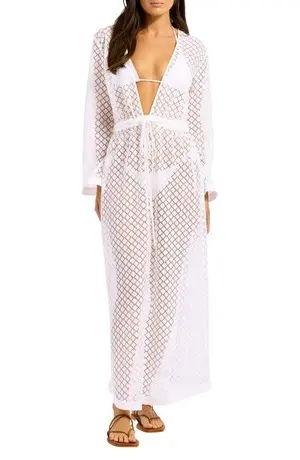 Seafolly Tie Belt Long Sleeve Sheer Lace Cover-up - White