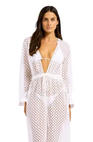 Seafolly Tie Belt Long Sleeve Sheer Lace Cover-up