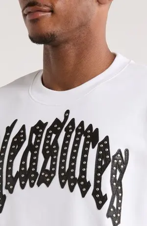 PLEASURES Twitch Leather Appliqué & Rhinestone T-shirt - White