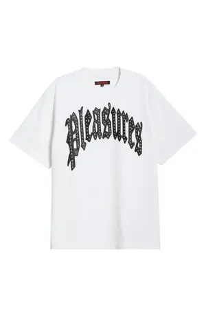 PLEASURES Twitch Leather Appliqué & Rhinestone T-shirt - White