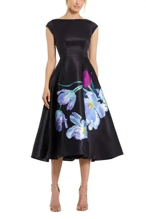Mac Duggal Satin Floral Print Midi Dress - Black Multi