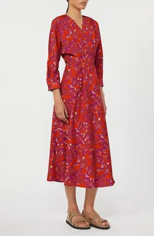 Max Mara Camino Shell Print Cotton Poplin Wrap Dress - Coral