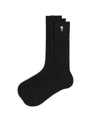AMI Paris Ribbed Knit Socks With Logo - Black