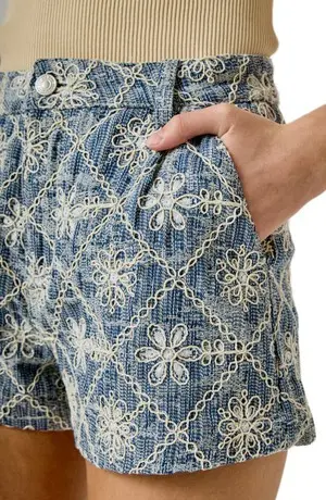Endless Rose Floral Embroidered Denim High-waisted Shorts