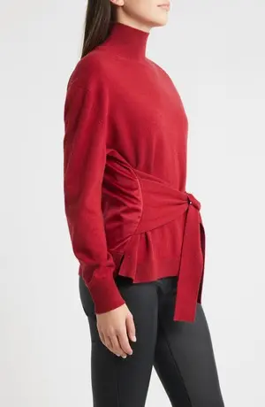 BOSS Tie Waist Mixed Media Turtleneck Sweater
