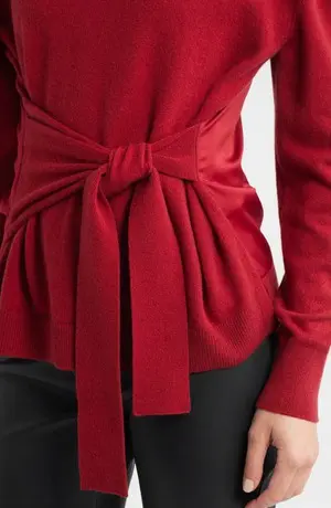 BOSS Tie Waist Mixed Media Turtleneck Sweater