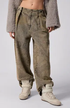 Desigual Graffiti Print Wide Leg Jeans Medium Beige