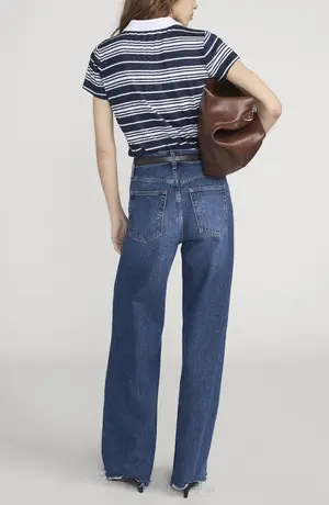 FRAME Stripe Stretch Linen Polo Top - Navy Multi