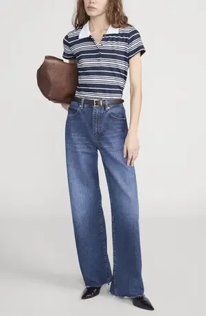 FRAME Stripe Stretch Linen Polo Top - Navy Multi