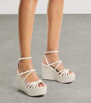 JIMMY CHOO Nyra 100 Leather Wedge Sandals - White