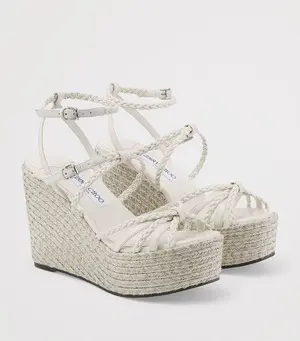 JIMMY CHOO Nyra 100 Leather Wedge Sandals - White
