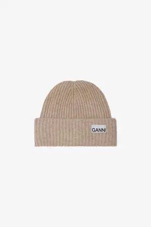 GANNI Oversized Wool Rib Knit Beanie - Beige