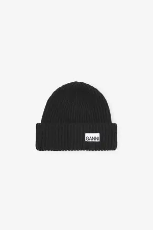 GANNI Oversized Wool Rib Knit Beanie - Black