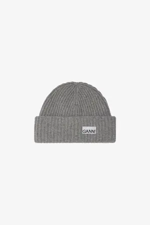 GANNI Oversized Wool Rib Knit Beanie - Grey