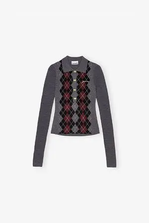 GANNI Knitted Polo Shirt - Grey