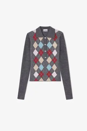 GANNI Knitted Argyle Polo Shirt - Grey