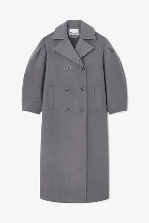 GANNI Wool Oversized Long Pea Coat - Grey