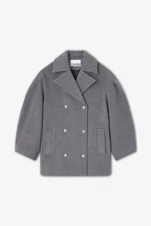 GANNI Wool Oversized Midi Pea Coat - Grey