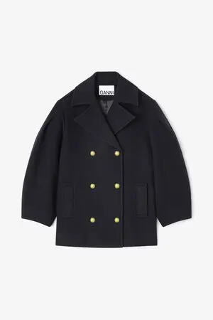 GANNI Wool Oversized Pea Coat - Navy