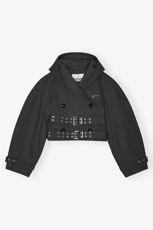 GANNI Bonded Cotton Short Trench Jacket - Black