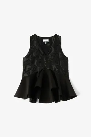 GANNI Satin Cloque Peplum Top - Black