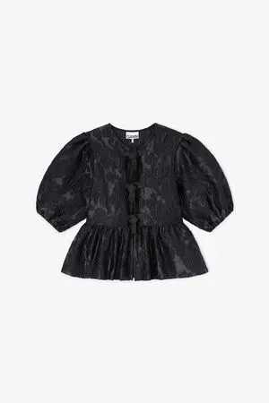 GANNI Satin Peplum Tie Blouse - Black