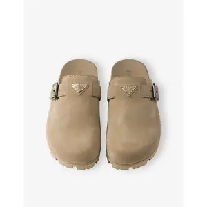 Prada Logo-plaque Suede Mules - Neutral