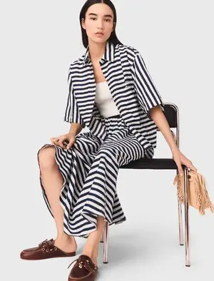 Maje Linen-blend Striped Midi Skirt - White/blue