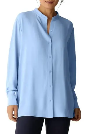 Eileen Fisher Band Collar Silk Button-up Shirt - Skylight