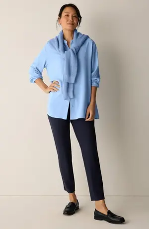 Eileen Fisher Band Collar Silk Button-up Shirt