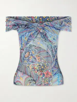 Etro Printed Off-the-shoulder Mesh Top - Blue