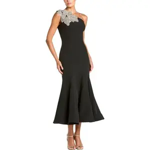Mac Duggal Petite Crepe One-shoulder Mermaid Midi Dress With Floral Appliqu - Black