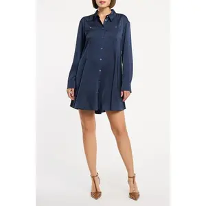 Cinq À Sept Belden Long Sleeve Satin Mini Shirtdress - Navy