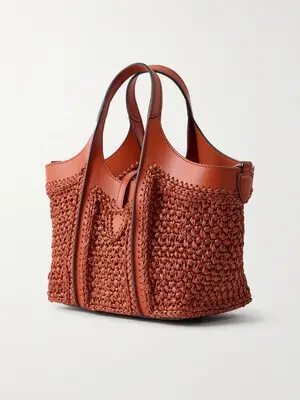 TOD'S T Timeless Leather-trimmed Raffia Shoulder Bag