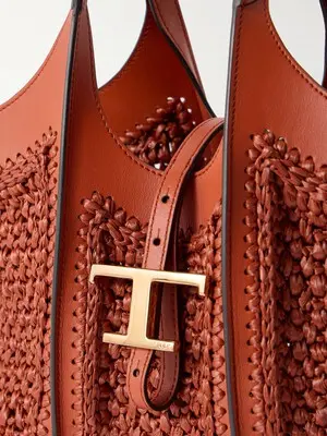 TOD'S T Timeless Leather-trimmed Raffia Shoulder Bag