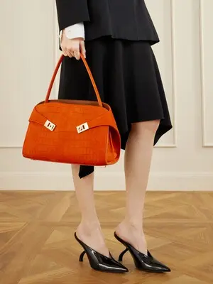 FERRAGAMO Hug Small Embellished Croc-effect Suede Tote