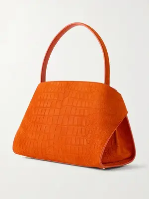 FERRAGAMO Hug Small Embellished Croc-effect Suede Tote