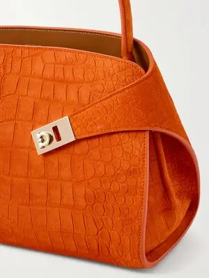 FERRAGAMO Hug Small Embellished Croc-effect Suede Tote