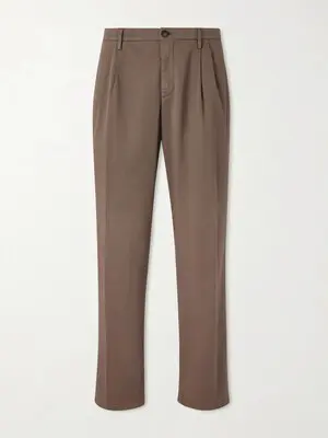 Canali Straight-leg Pleated Cotton-blend Gabardine Trousers - Brown