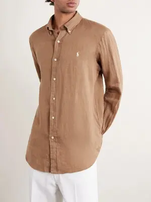 Polo Ralph Lauren Button-down Collar Logo-embroidered Linen Shirt - Brown