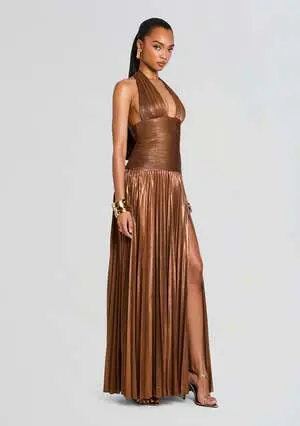 Retrofete Orlina Lamé Halterneck Dress - Sepia
